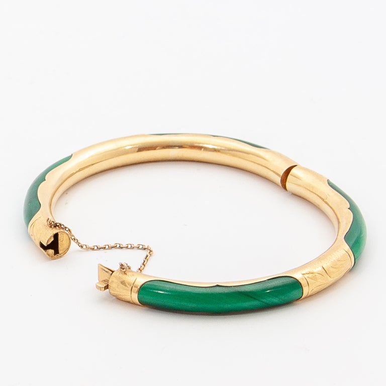 18K Gold Etched Malachite Bangle Bracelet For Sale at 1stDibs