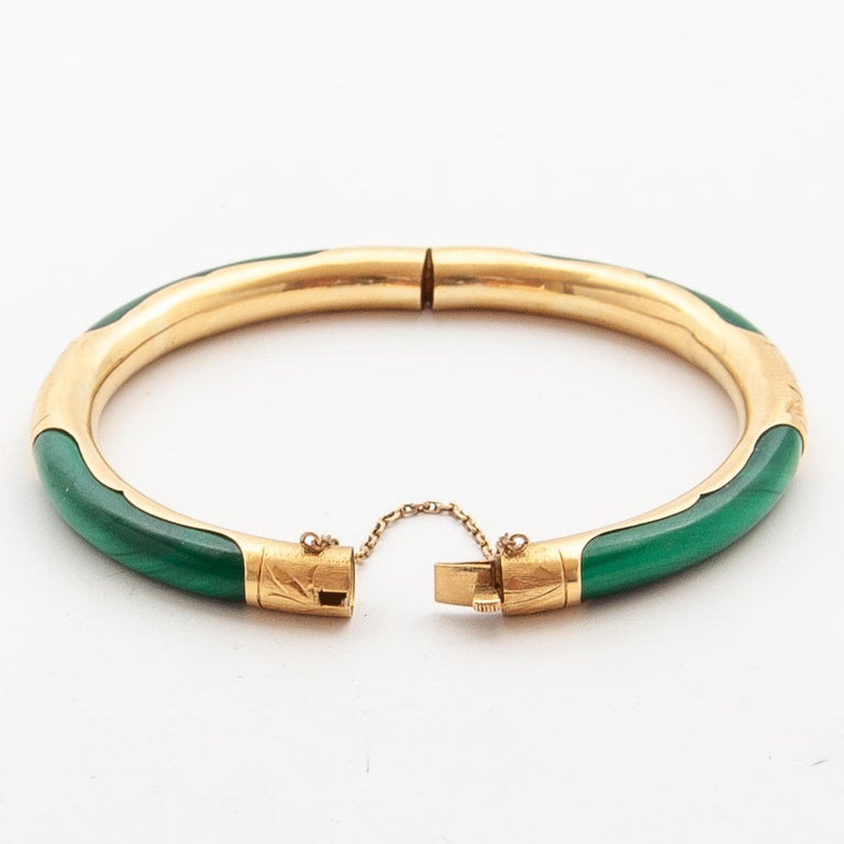 18K Gold Etched Malachite Bangle Bracelet For Sale at 1stDibs