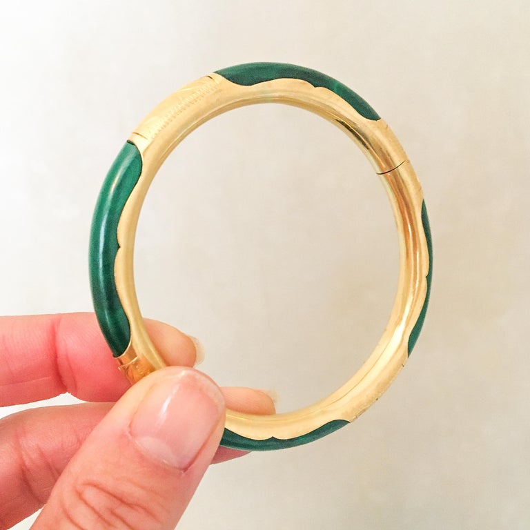 18K Gold Etched Malachite Bangle Bracelet For Sale at 1stDibs