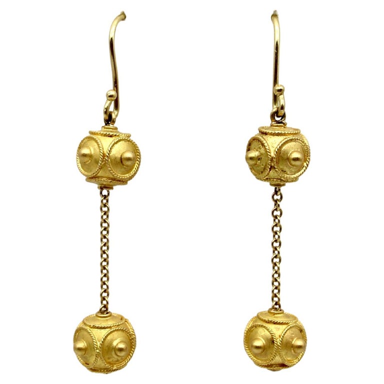 18K Gold Etruscan Revival Double Ball Dangle Earrings with Diamond ...