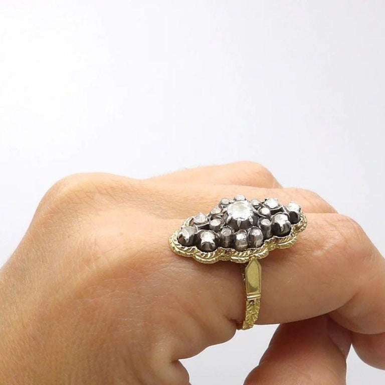 18K Gold Georgian Revival Ring with Rose Cut Diamonds Cluster For Sale ...