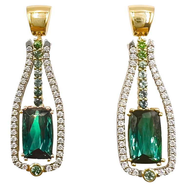 18k Gold Green Tourmaline Diamond Drop Earrings at 1stDibs