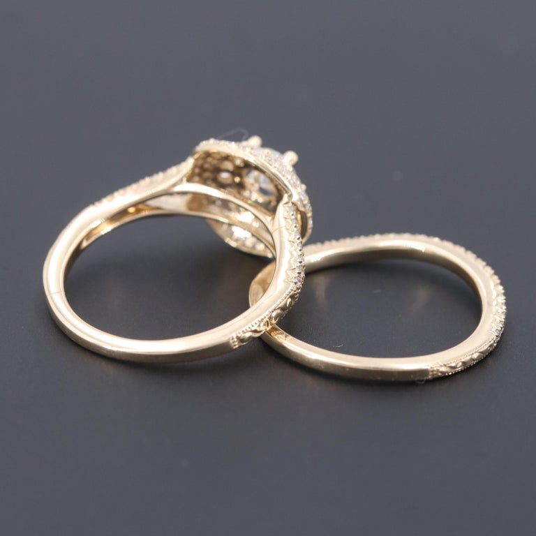 Customizable 18K Gold Halo Diamonds Engagement Ring Set, Diamond ...
