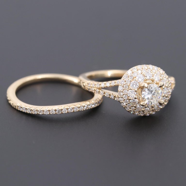 Customizable 18K Gold Halo Diamonds Engagement Ring Set, Diamond ...