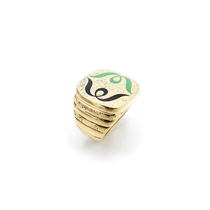 18K Gold Hand-Engraved Enamel Signet Ring with Symmetrical Design For ...