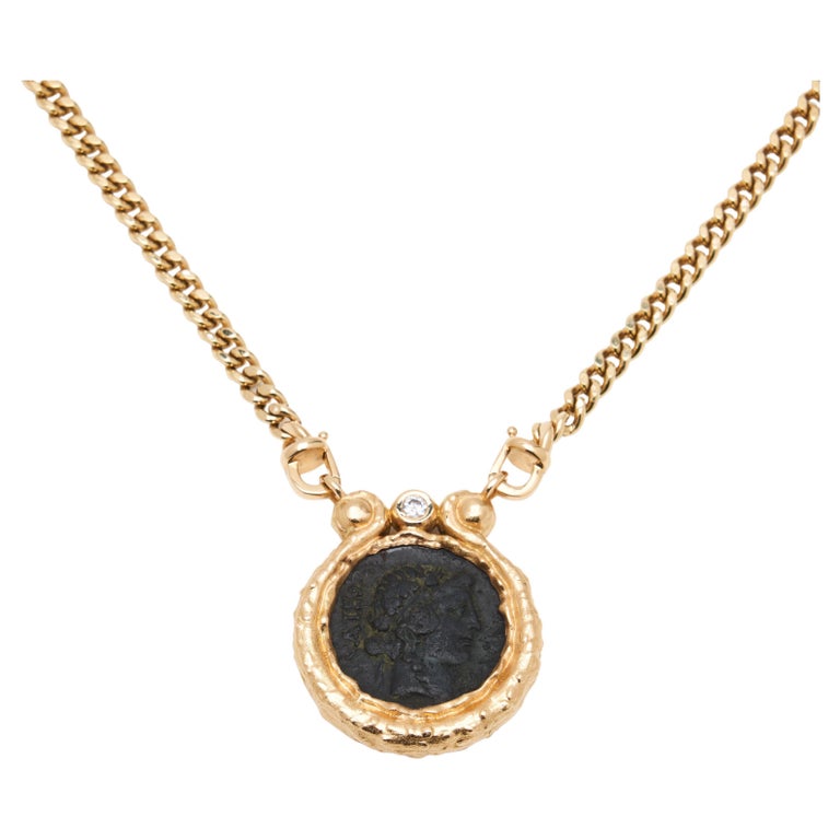 18k Gold Harp Bronze Greek Coin Necklace For Sale at 1stDibs