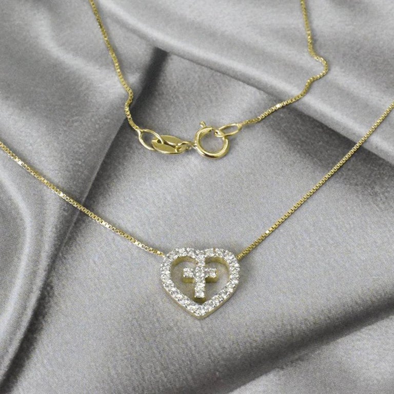 18k Gold Heart Cross Diamond Necklace Valentine Jewelry For Sale at 1stDibs