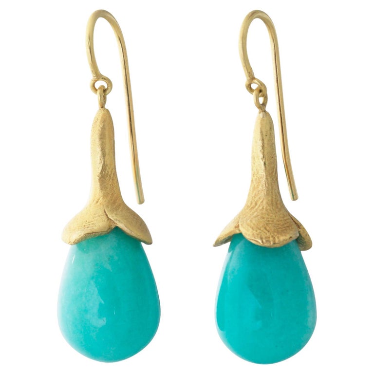 18k Gold Hook Earrings with Pear-Shaped Amazonite Drops For Sale at 1stDibs