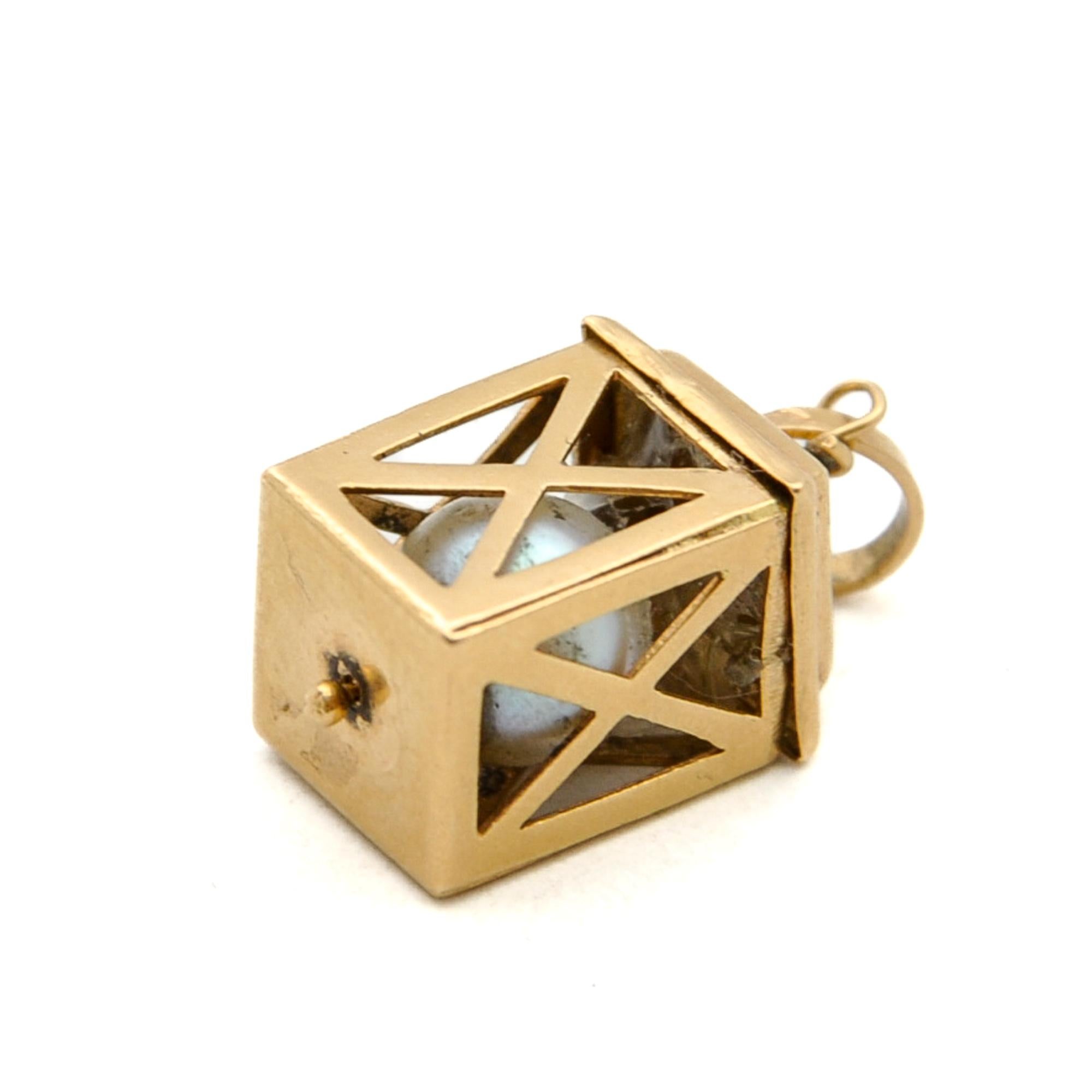 Vintage 18K Gold Italian Pearl Lantern Charm Pendant For Sale at 1stDibs