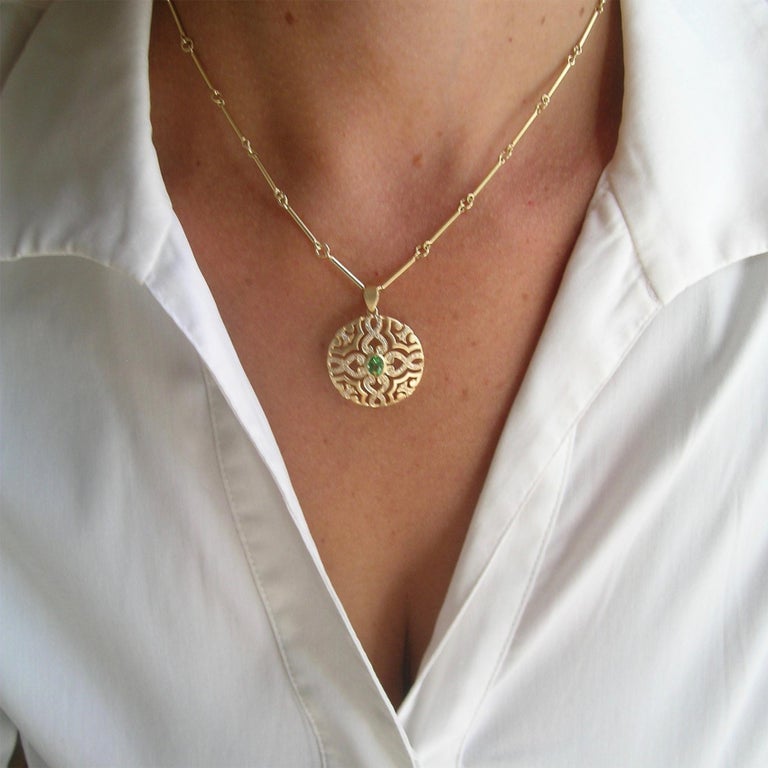 18 Karat Gold Line Mandala Pendant with Diamonds and Green Tsavorite ...