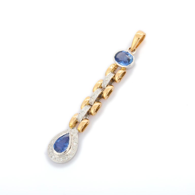 18K Gold Long Dangled Blue Sapphire and Diamond Studded Chain Style ...