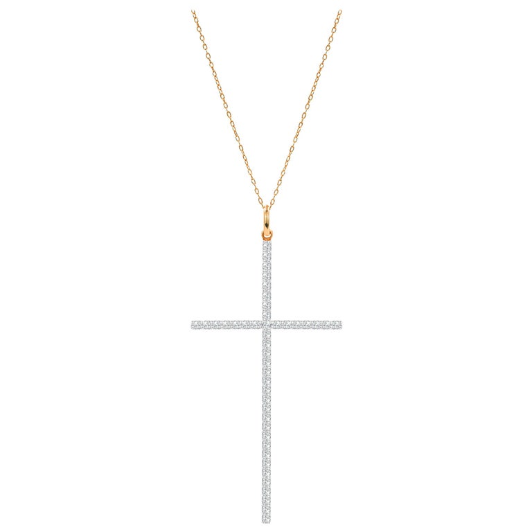 18k Gold Long Diamond Cross Pendant Necklace Long Pave Diamond 0.49 ...