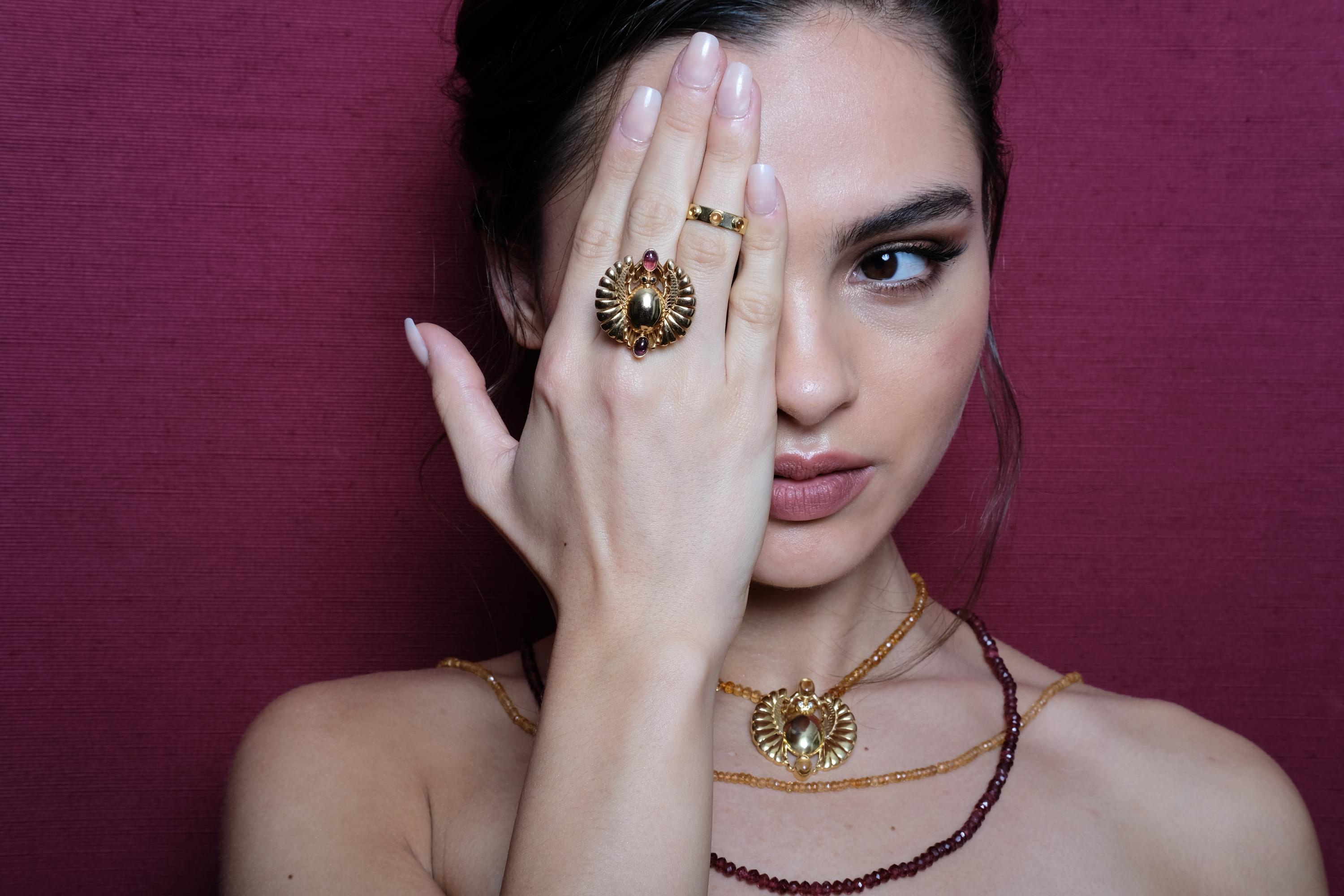 18K Gold with Garnet and Diamonds Mehi Scarab Ring For Sale at 1stDibs