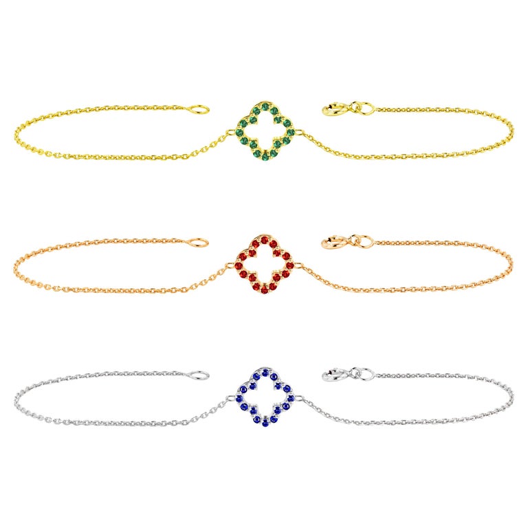 18K Gold Mini Clover Bracelet In Precious Stones Natural Emerald Ruby ...