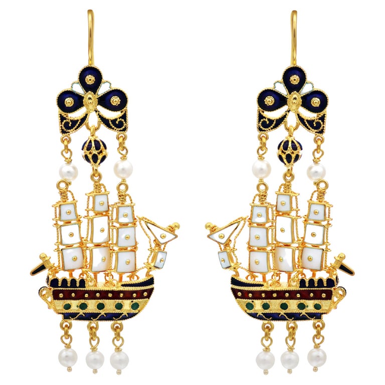 18k Gold Museum Replica Boat Earrings with Enamel For Sale at 1stDibs