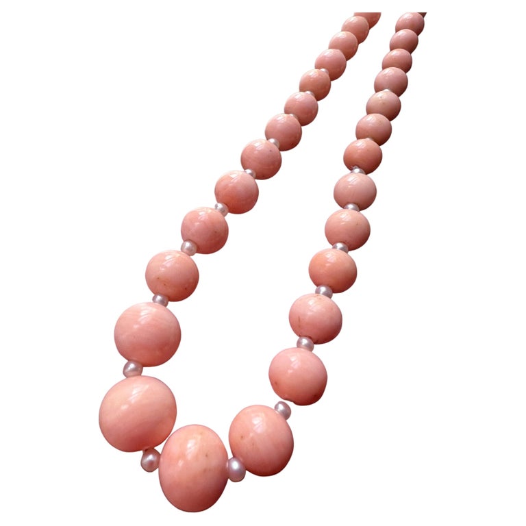 18k Gold Natural Angel Skin Pink Coral Pearl Necklace For Sale at 1stDibs