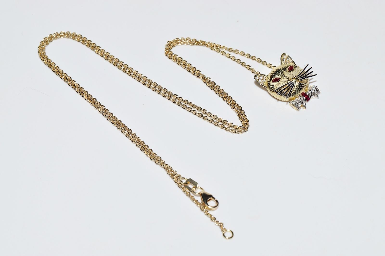 18k Gold Natural Diamond And Ruby Decorated Cat Pendant Necklace For ...