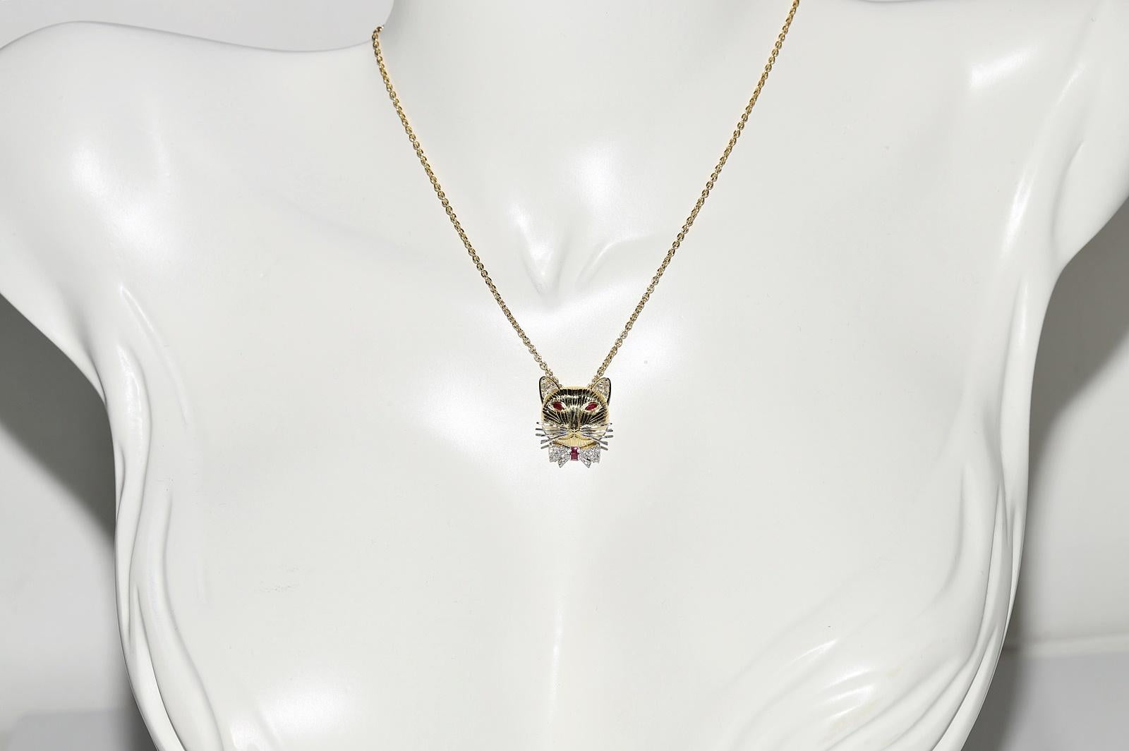 18k Gold Natural Diamond And Ruby Decorated Cat Pendant Necklace For ...
