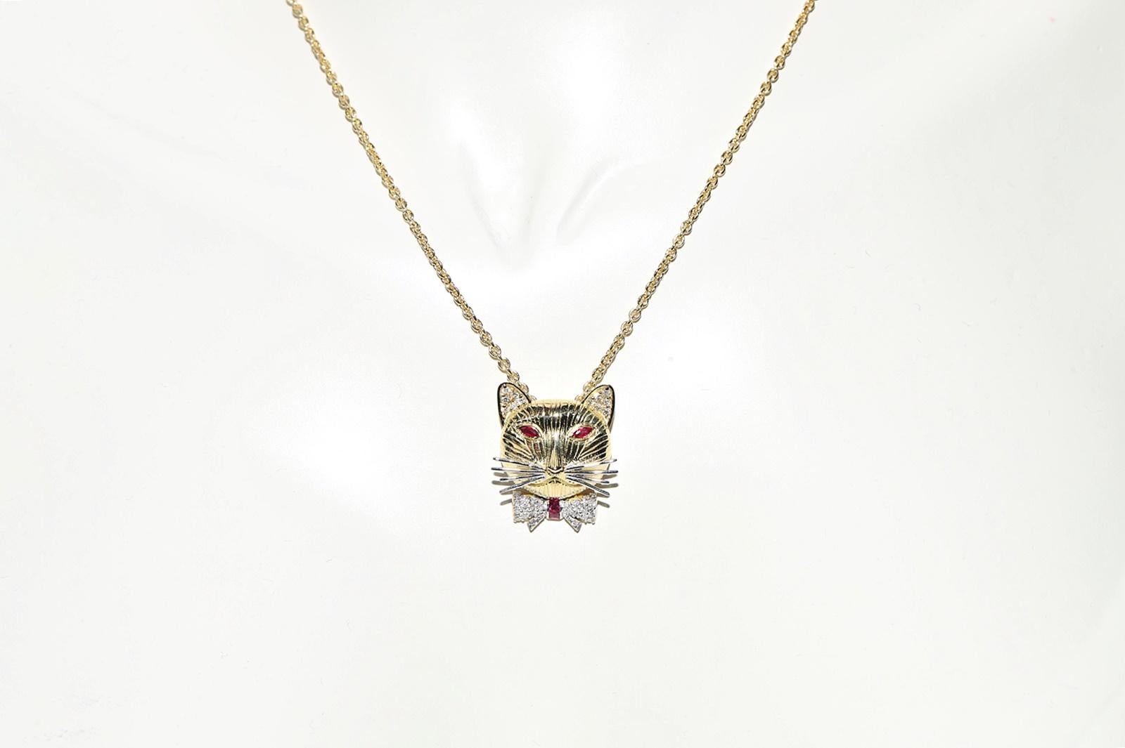 18k Gold Natural Diamond And Ruby Decorated Cat Pendant Necklace For ...