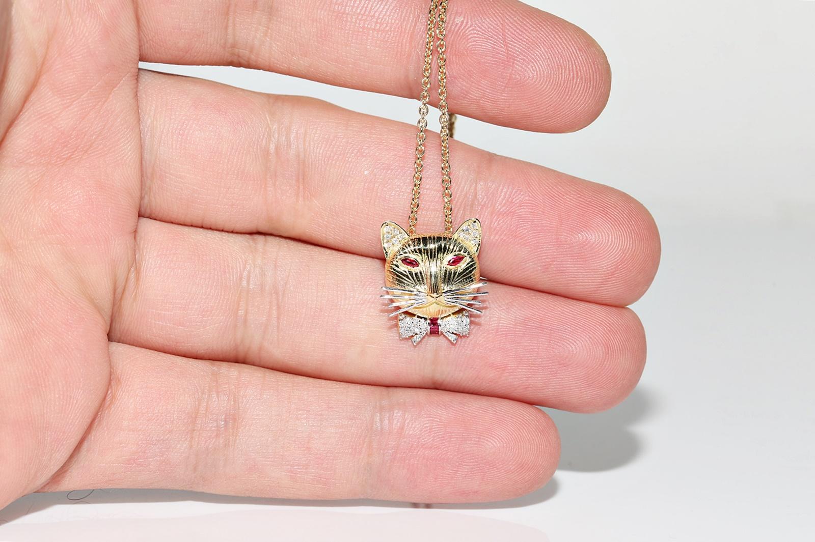 18k Gold Natural Diamond And Ruby Decorated Cat Pendant Necklace For ...