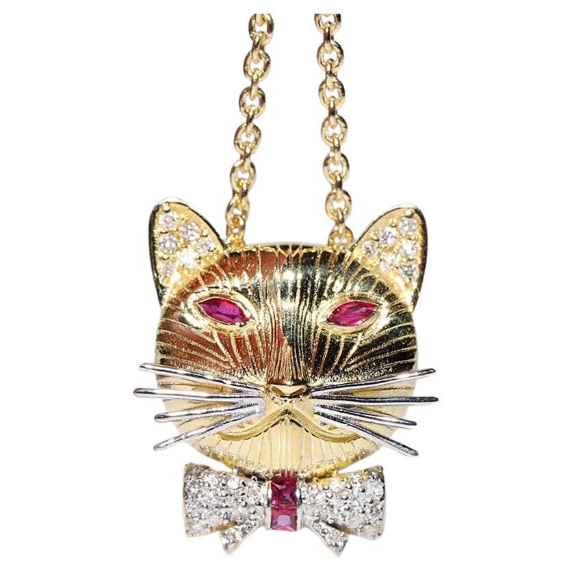 18k Gold Natural Diamond And Ruby Decorated Cat Pendant Necklace For ...
