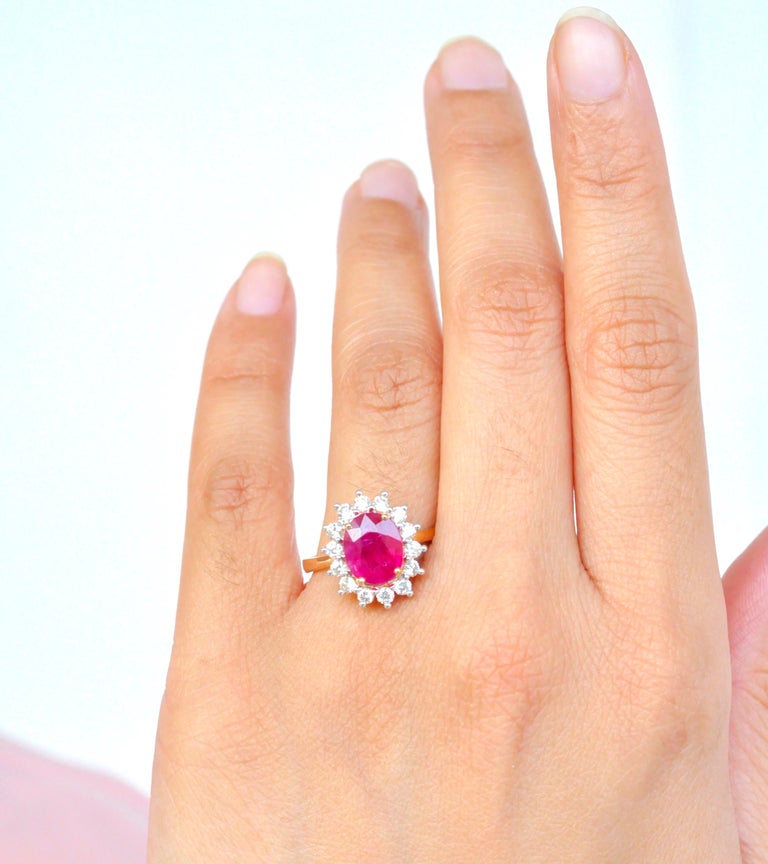 18K Gold Oval Certified Mozambique Ruby Diamond Cluster Engagement Bridal Ring For Sale at 1stDibs