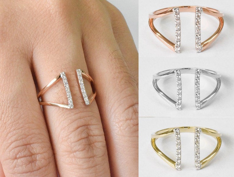 Customizable 18K Gold Pave Diamond Two Bar Open Ring Unique Parallel Bar Ring For Sale at 1stDibs