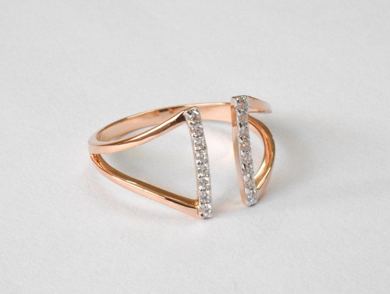 Customizable 18K Gold Pave Diamond Two Bar Open Ring Unique Parallel ...