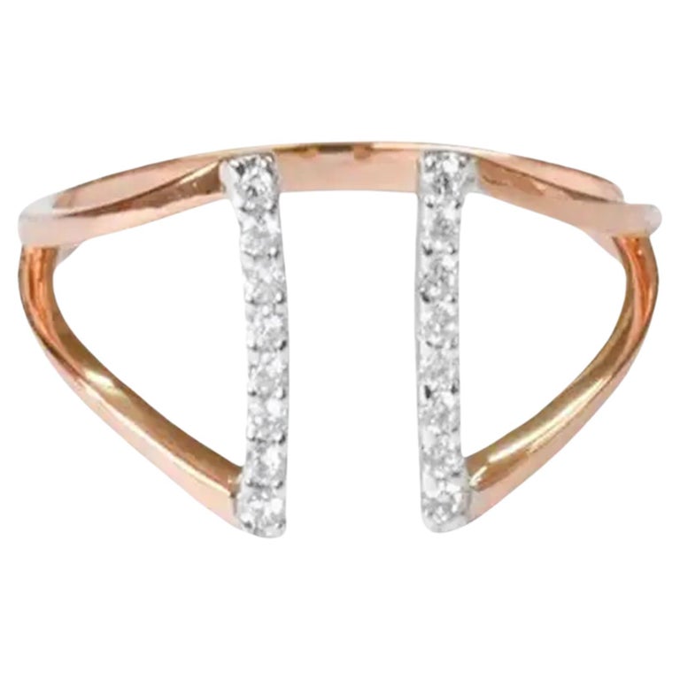 Customizable 18K Gold Pave Diamond Two Bar Open Ring Unique Parallel ...