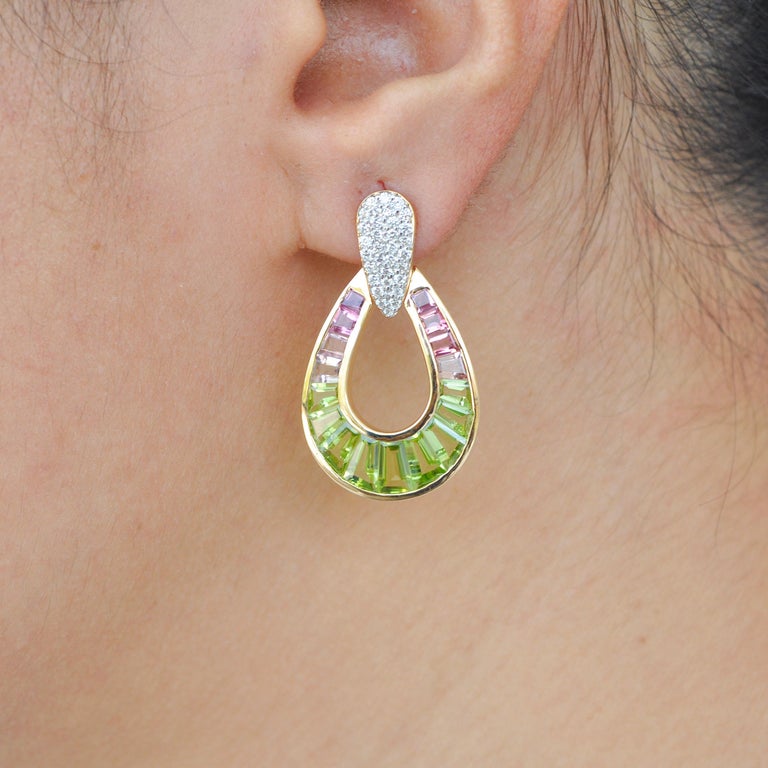 18K Gold Peridot Pink Tourmaline Raindrop Diamond Dangle Drop Earrings ...