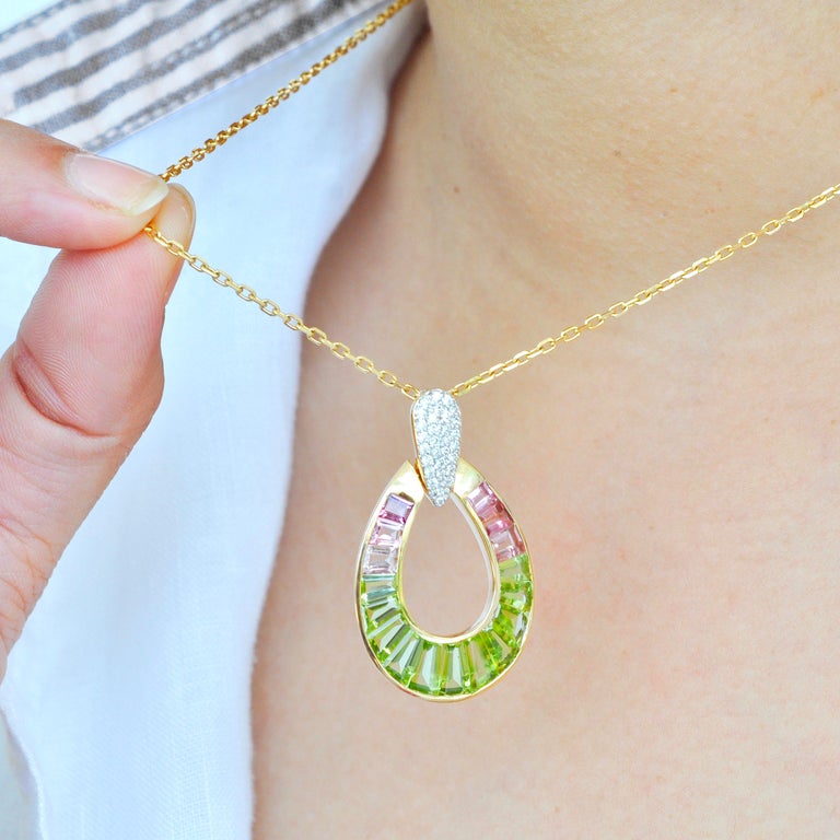 18K Gold Peridot Pink Tourmaline Raindrop Diamond Pendant Necklace For ...