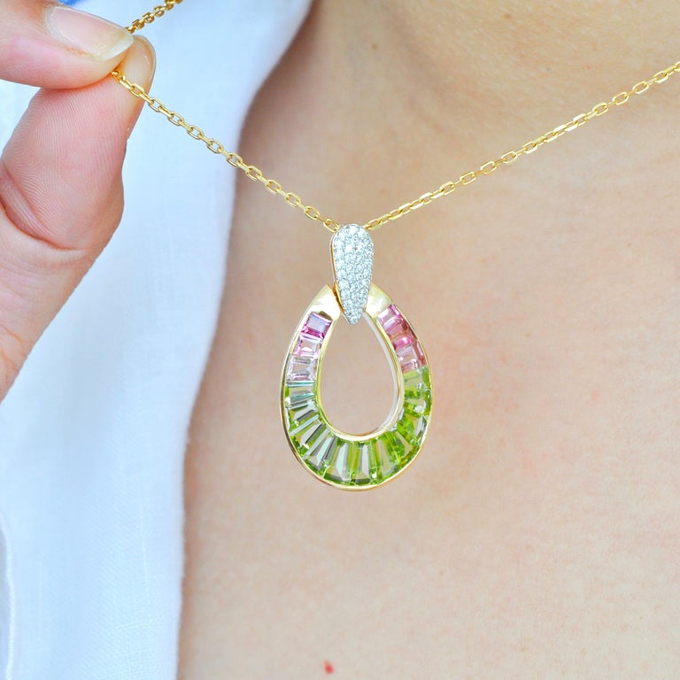 18K Gold Peridot Pink Tourmaline Raindrop Diamond Pendant Necklace For ...