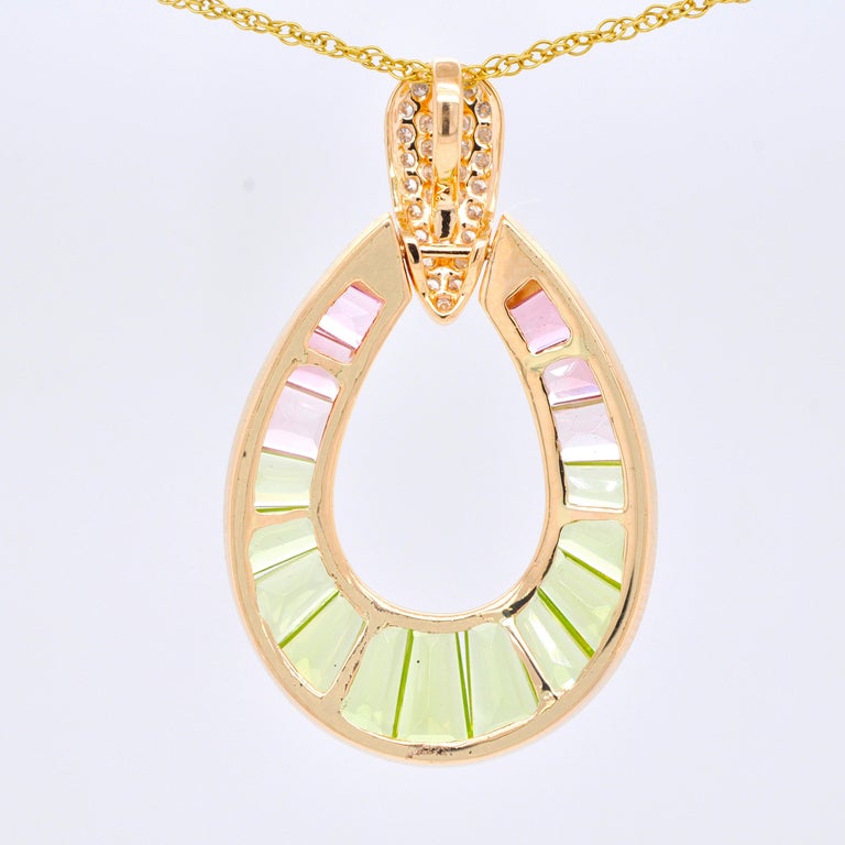 18K Gold Peridot Pink Tourmaline Raindrop Diamond Pendant Necklace For ...