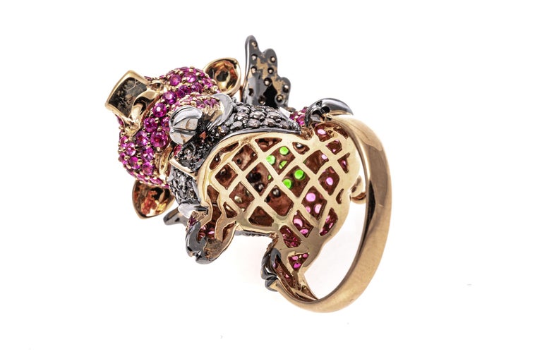 18k Gold Pink Sapphire, Diamond, and Tsavorite Flying Pig Ring For Sale ...