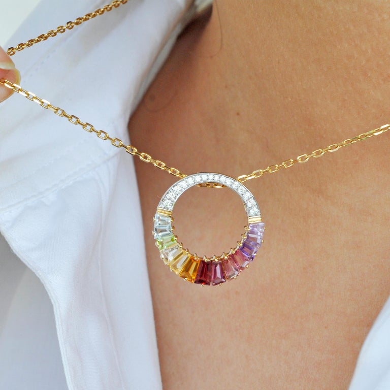 18K Gold Rainbow Gemstones Baguette Prong Set Diamond Circular Pendant ...