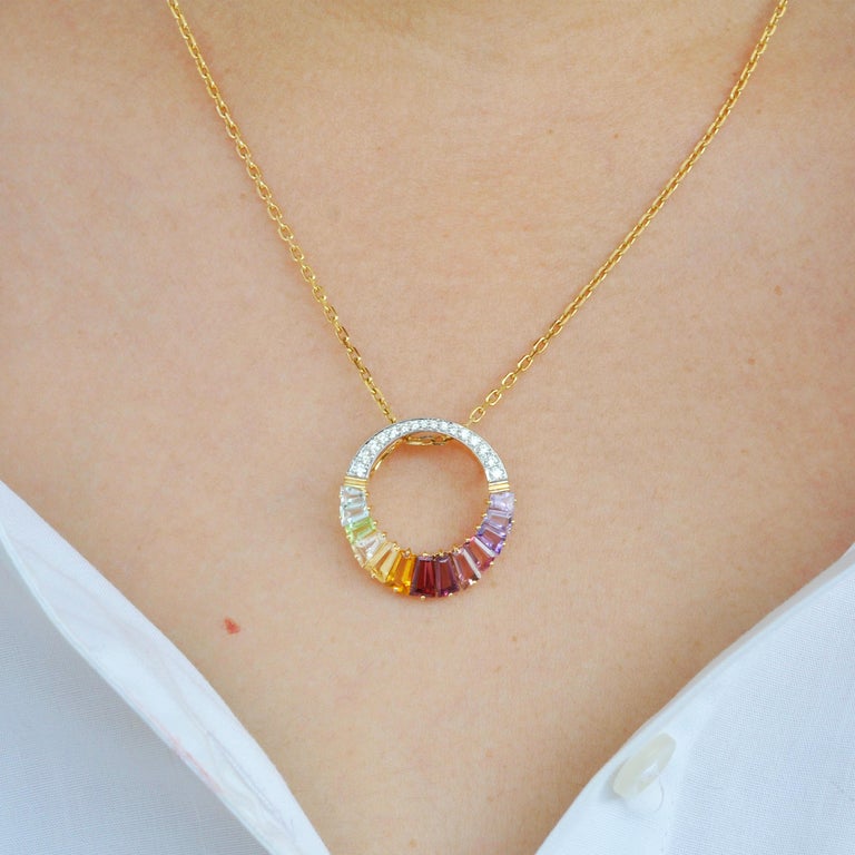 18K Gold Rainbow Gemstones Baguette Prong Set Diamond Circular Pendant ...