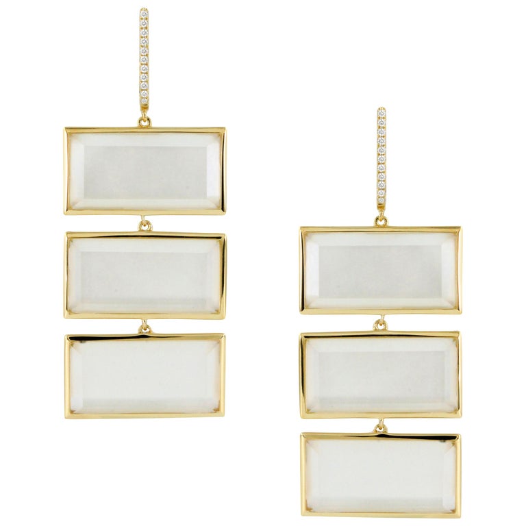 18K Gold Rectangle Drop Earrings with White Mother of Pearl, Quartz and Diamonds For Sale at 1stDibs