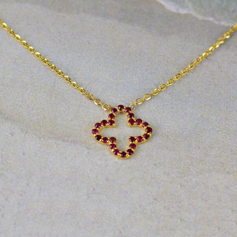 18k Gold Genuine Ruby Clover Necklace Tiny Clover Birthstone Necklace ...