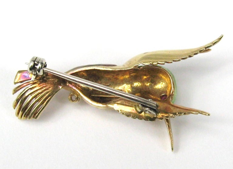 18K Gold Ruby Hummingbird Pin / Brooch Enameled For Sale at 1stDibs