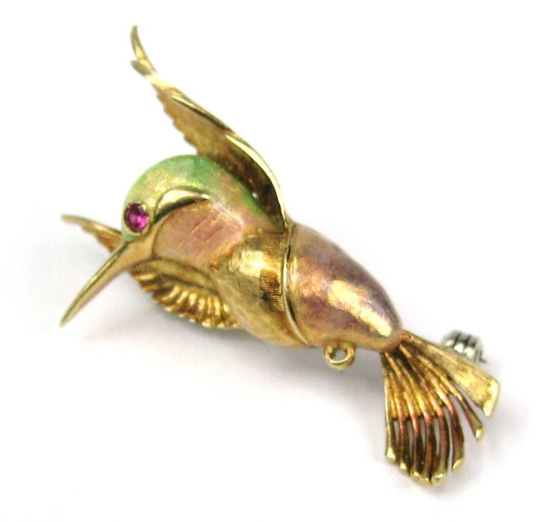18K Gold Ruby Hummingbird Pin / Brooch Enameled For Sale at 1stDibs
