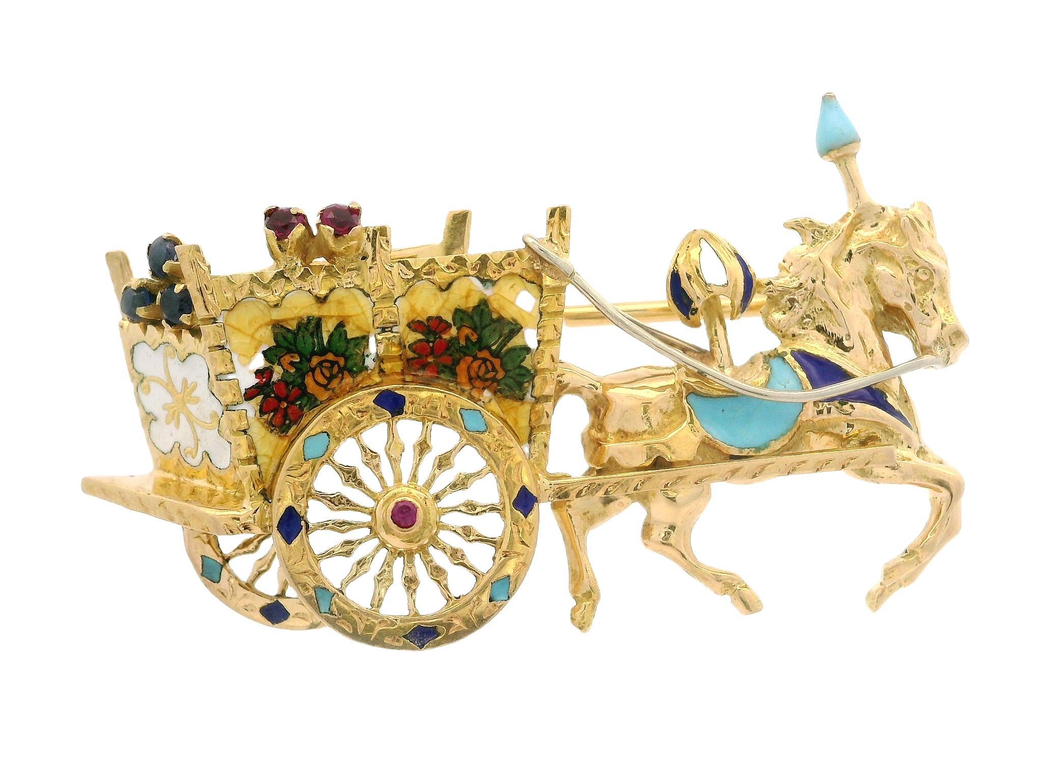 18k Gold Ruby Sapphire and Enamel Work Floral Chariot Carriage Horse ...