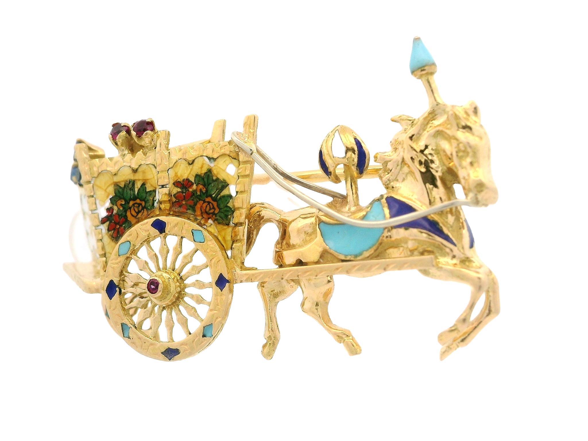 18k Gold Ruby Sapphire and Enamel Work Floral Chariot Carriage Horse ...