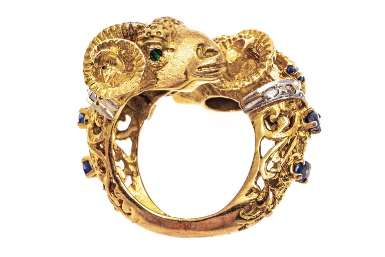 18k Gold Sapphire and Macle Diamond Opposing Bighorn Sheep Ring For ...