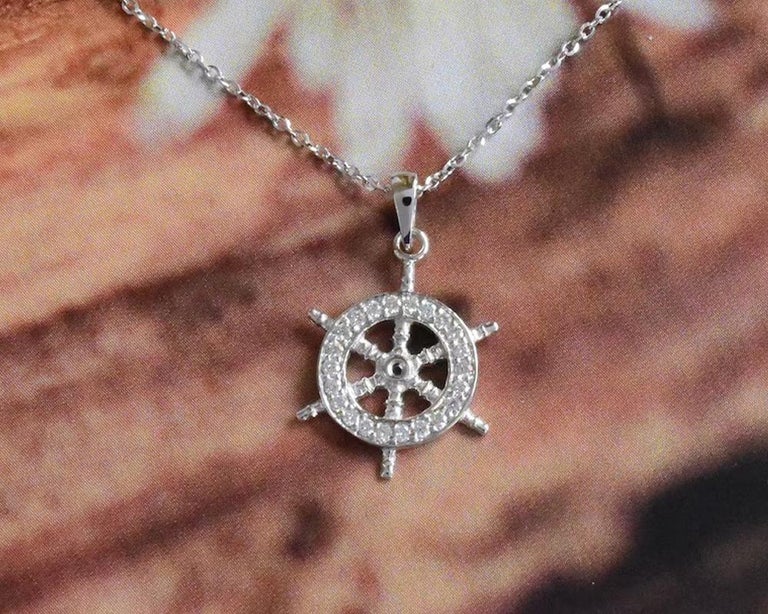 18k Gold Ship Wheel Necklace Cruse Ship Charm Pendant For Sale at 1stDibs