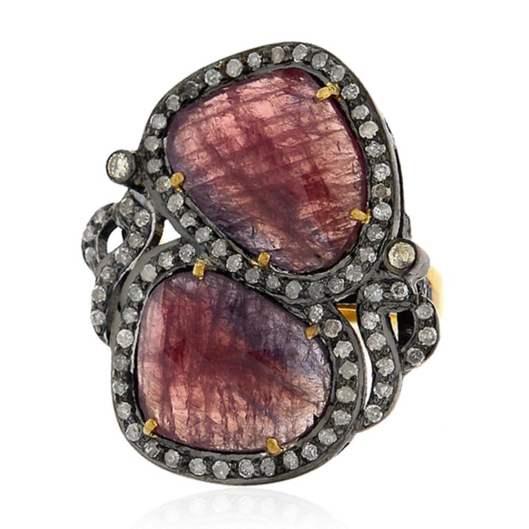 18k Gold and Silver Multi Sapphire Ring with Pave Diamonds For Sale at ...