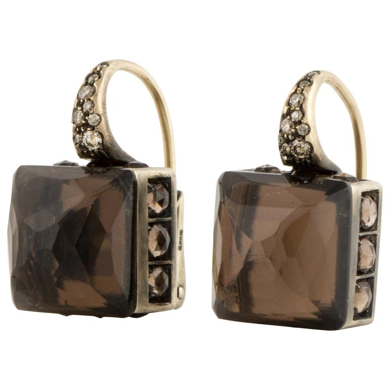 18K Gold Smokey Quartz and Diamond Earrings For Sale at 1stDibs