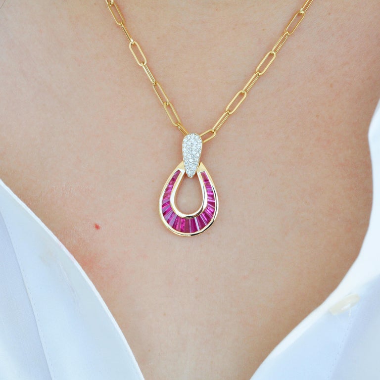 18K Gold Taper Baguette Calibre Cut Ruby Diamond Tear-Drop Pendant ...