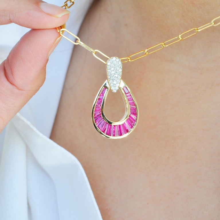 18K Gold Taper Baguette Calibre Cut Ruby Diamond Tear-Drop Pendant ...