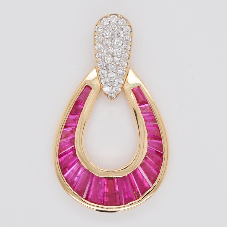 18K Gold Taper Baguette Calibre Cut Ruby Diamond Tear-Drop Pendant ...