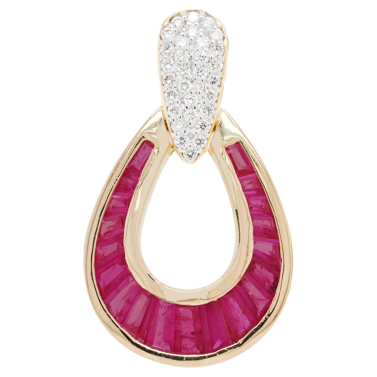 18K Gold Taper Baguette Calibre Cut Ruby Diamond Tear-Drop Pendant ...